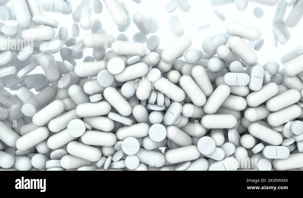 3D CGI footage of medical pills and tablets falling over white ...