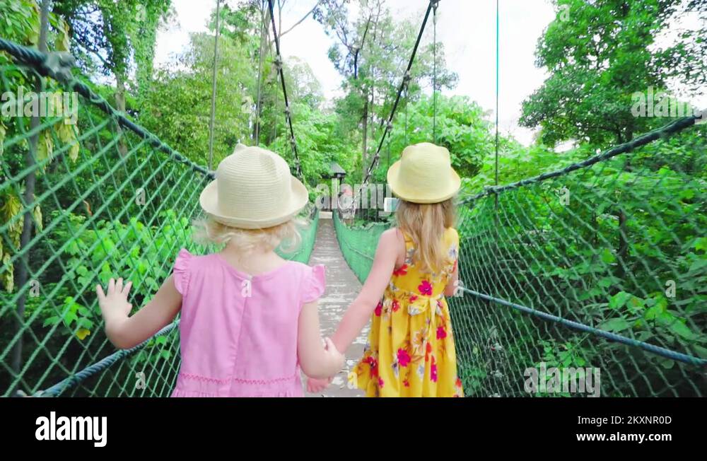Two little girls in summer dresses are on the suspension bridge in the ...