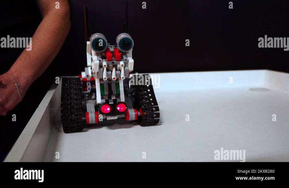 Homemade robot from the constructor on the tracks opens mouth Stock ...