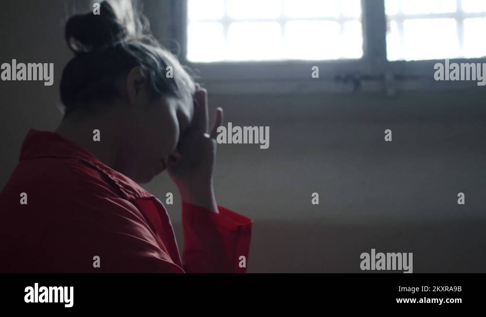 Female Prisoner In Dark Cell Alone, Sad Regret By Window, Modern Prison ...