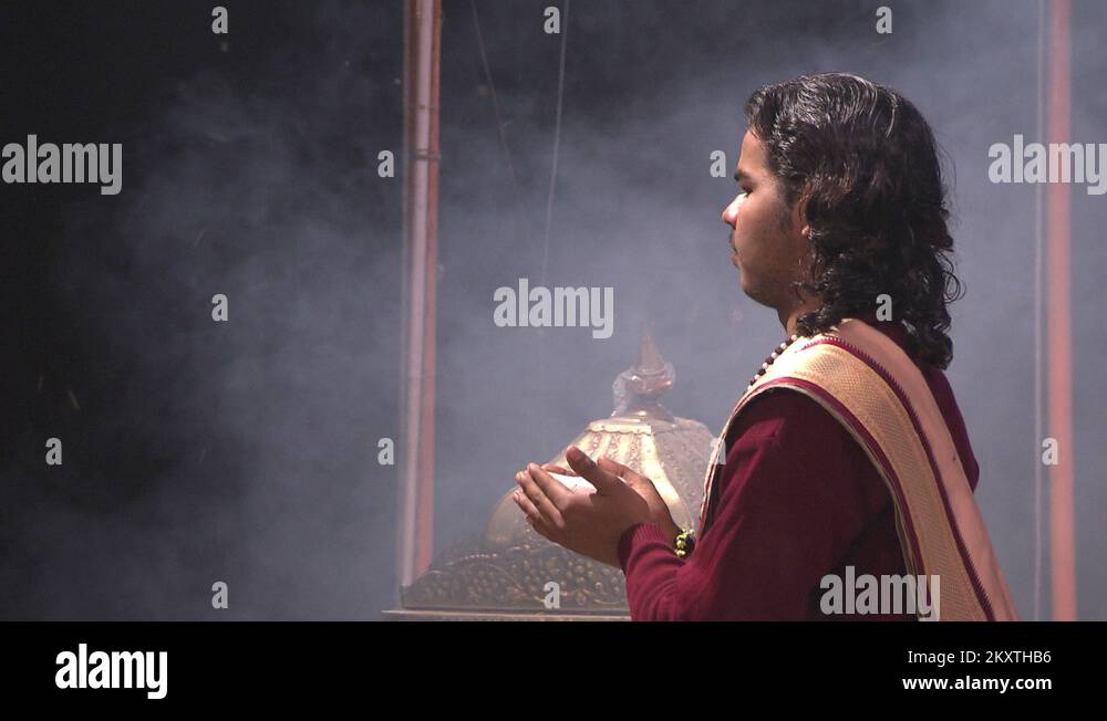 Blowing of shell at Ganga Aarti on Ganges River, Varanasi, India Stock ...
