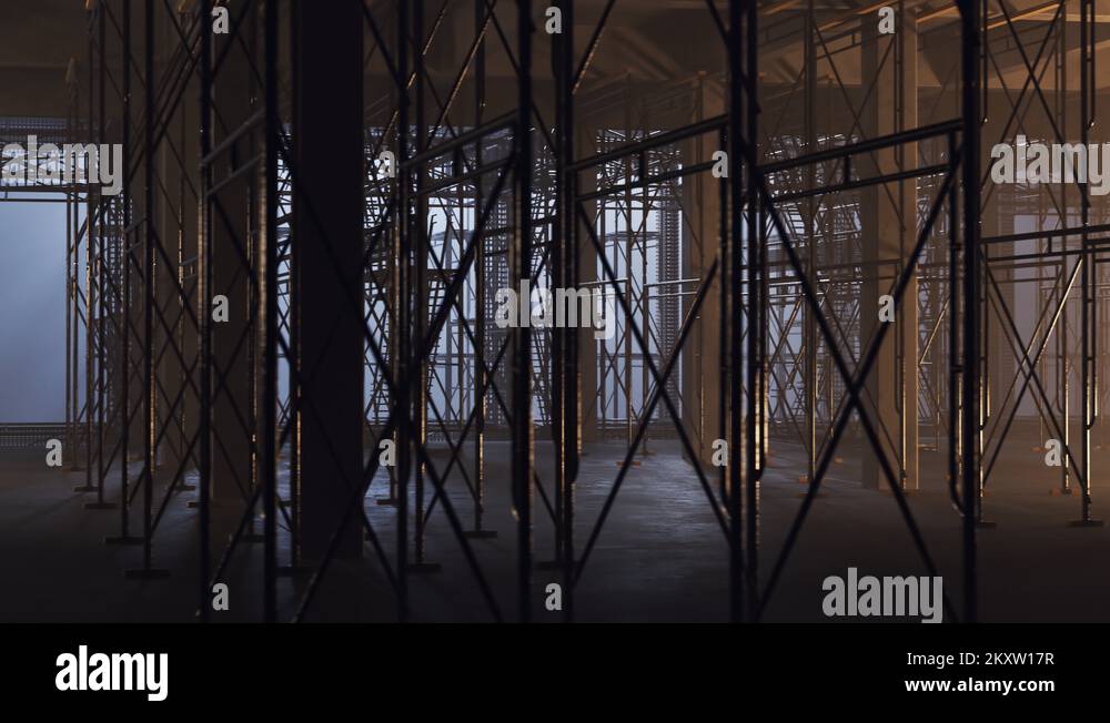 Empty building site with scaffolds in a fog. Under construction Stock ...