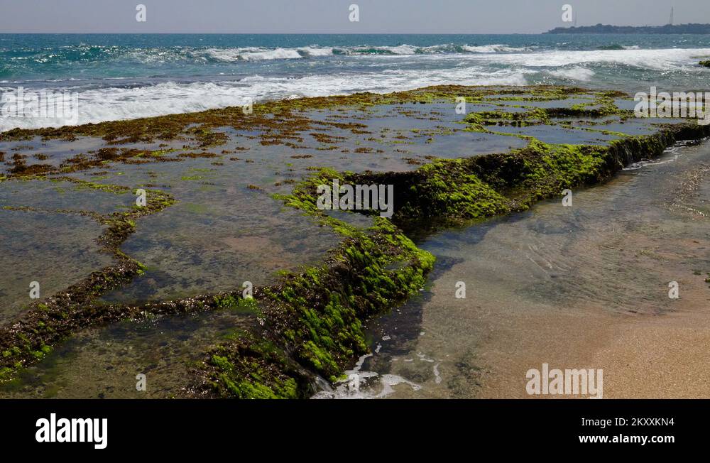The ocean waves are rolling on the coastal reef in shallow water Stock ...
