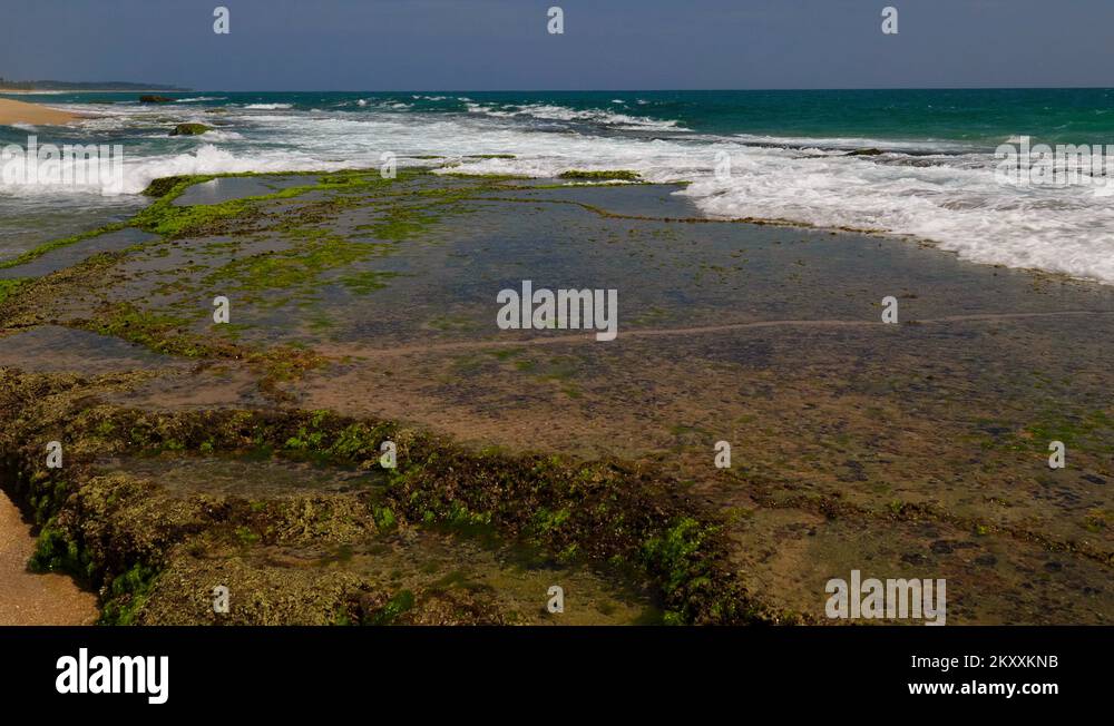 The sea waves are rolling on the coastal reef in shallow water Stock ...