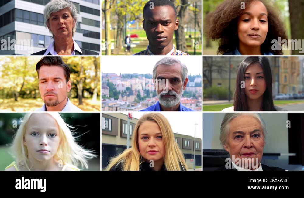 4K compilation (montage) - group of nine people look at the camera in ...