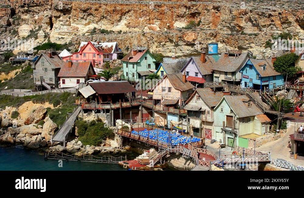 Timber houses of Popeye village in Anchor Bay Malta Stock Video Footage ...