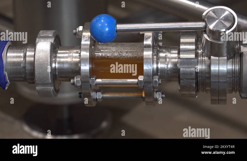 Flow beer in the In-line Sight Glass of brewery pipeline Stock Video ...