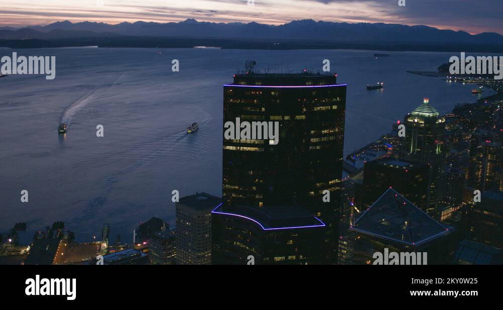Cinematic Seattle Night Waterfront View Skyscraper Towers Ferry Ships ...