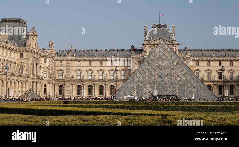 France Paris Pyramids And The Building Of Louvre Museum, Tourists tour ...