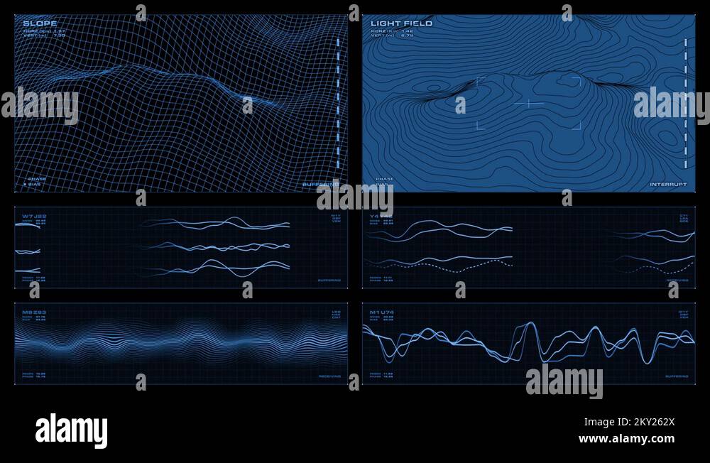 Monochromatic multi-panel visual display: line graphs, waveforms Stock ...