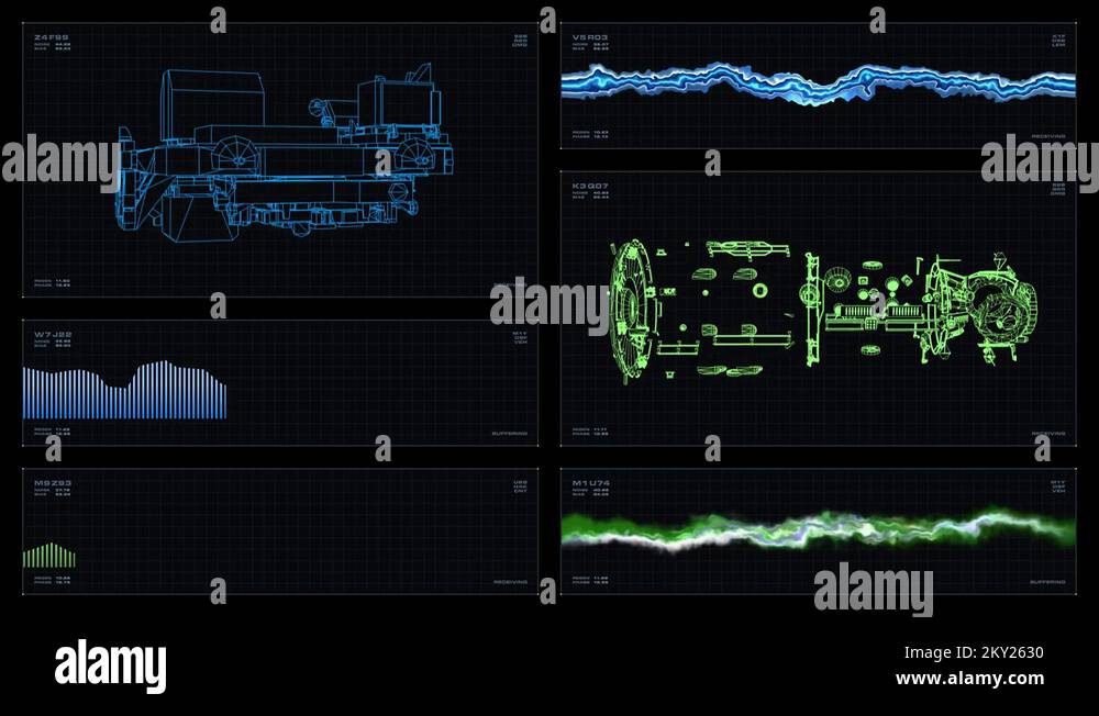 Multi-panel visual display: wireframes, graphs, readouts and indicators ...