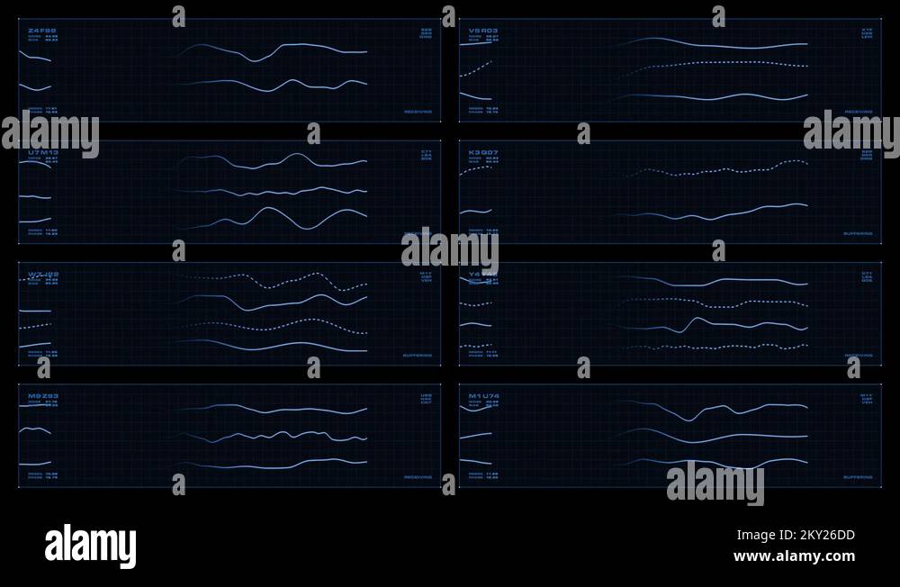 Monochromatic, eight-panel visual display of animated line graphs Stock ...