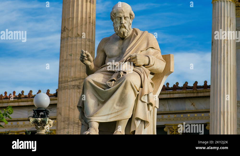 Philosopher Plato on a marble chair, background of sky and marble ...