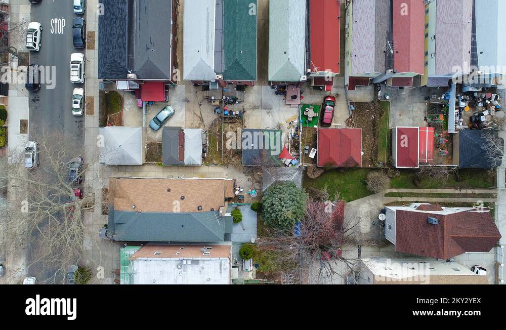 Aerial Bird's Eye View of Urban Homes at the End of the Block Stock ...