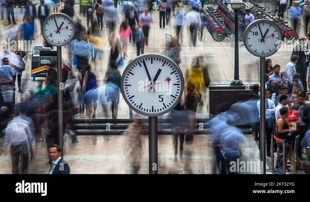 London, England. Circa, 2016. Time lapsed view of commuters in Canary ...