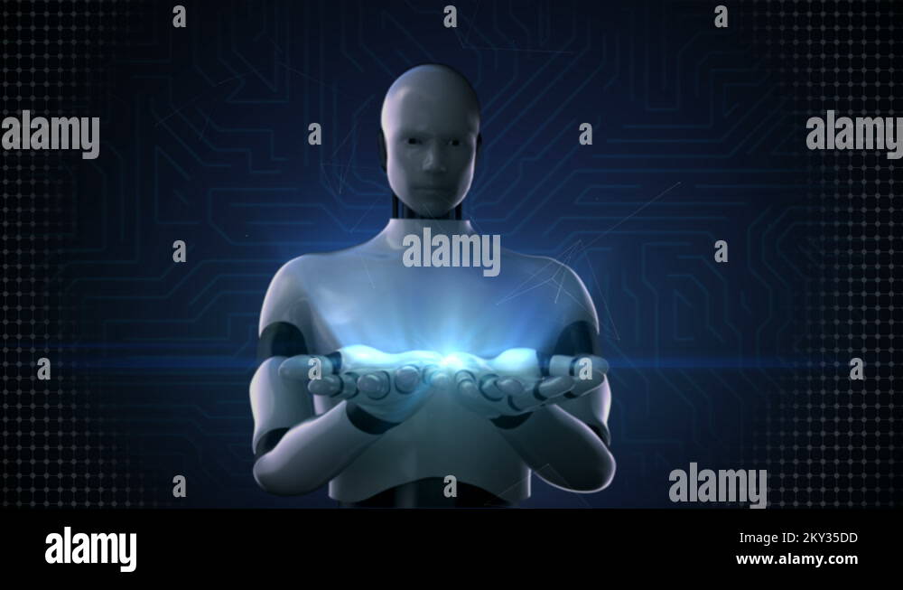 Robot, cyborg open two palm in digital interface background 4K size ...