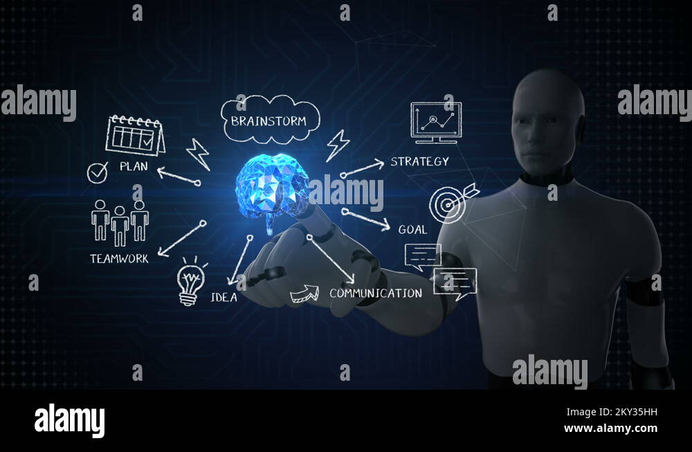 Robot touching Brainstorming to digital brain. artificial intelligence ...