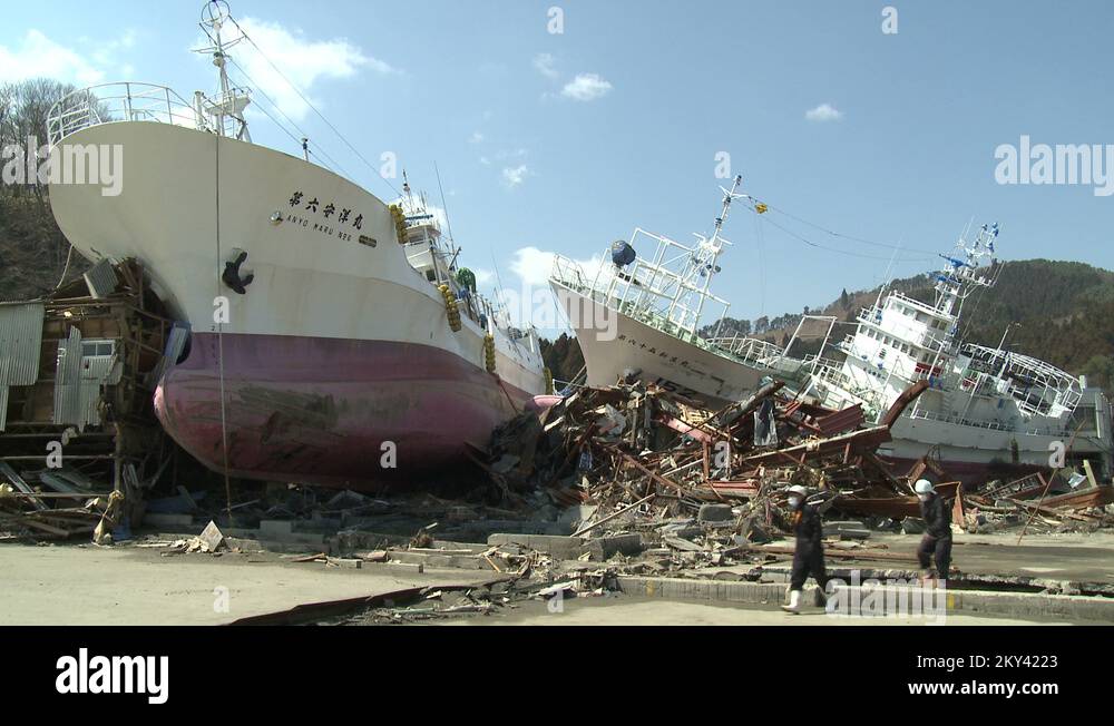 Japan Tsunami Aftermath - Ships Smashed And Washed Ashore Stock Video ...