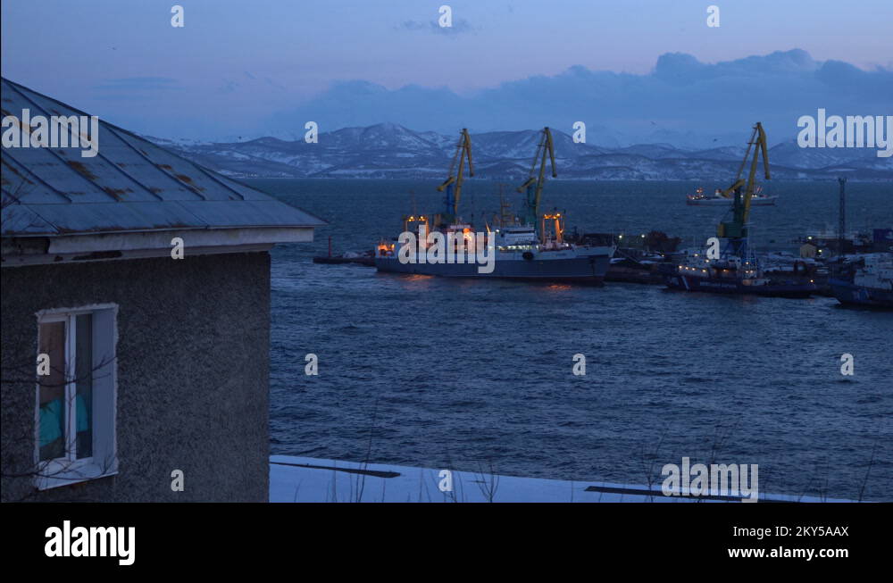 Night view of ships anchored at pier in seaport on Pacific Coast Stock ...
