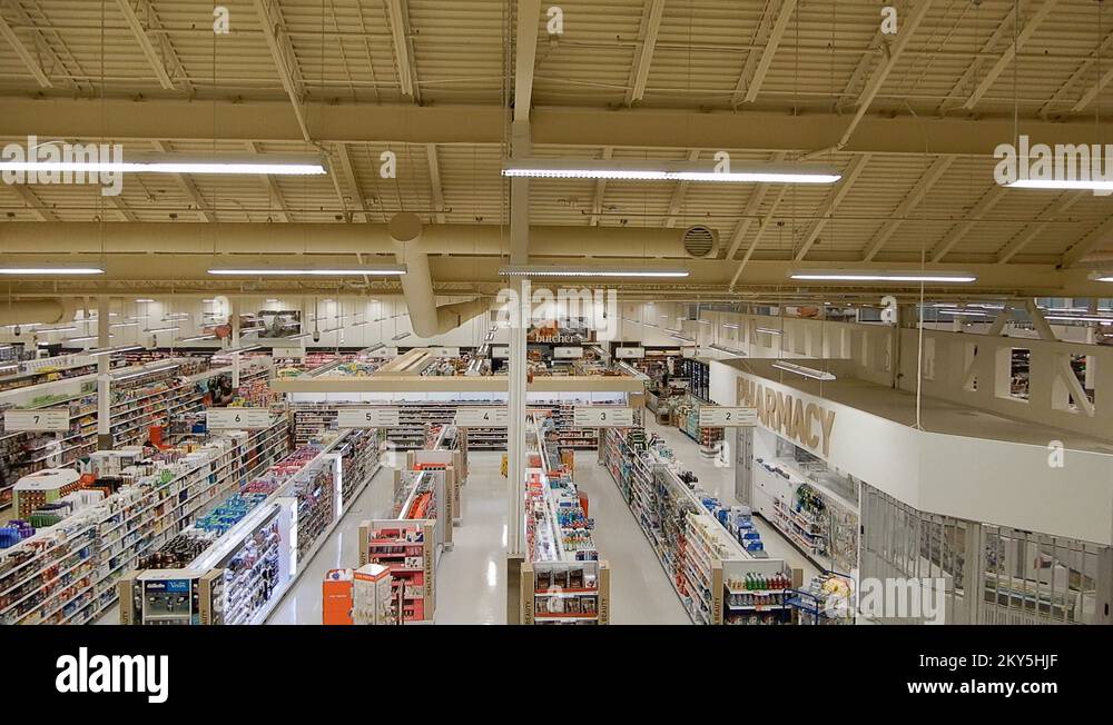 4K Grocery Store Prescription Medicine and Produce Section Aisles Stock ...