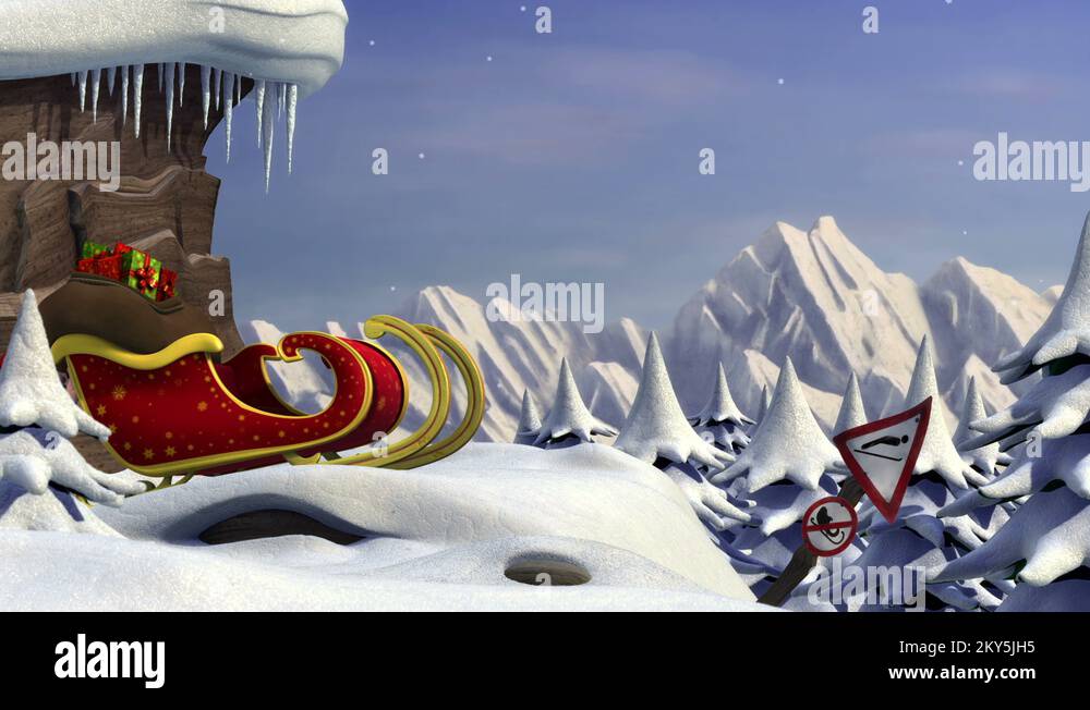 Santa Claus using a ski jump to take off with his sleigh - no text ...