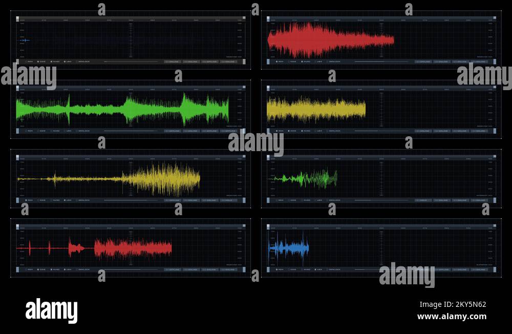 Multi-panel visual display: audio waveforms, readouts, indicators Stock ...