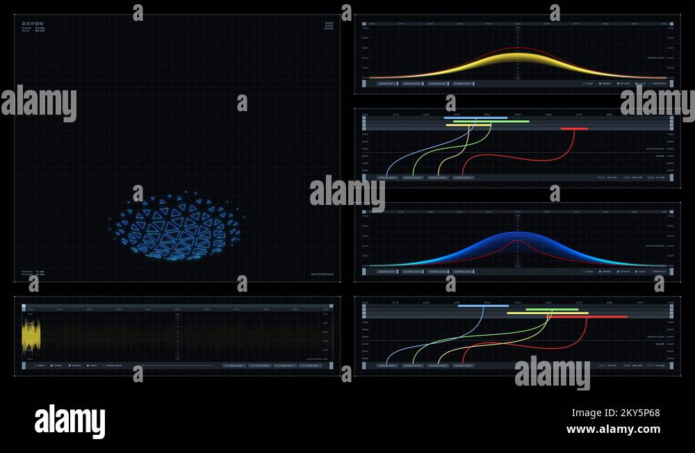 Multi-panel visual display: audio waveforms, readouts, indicators Stock ...