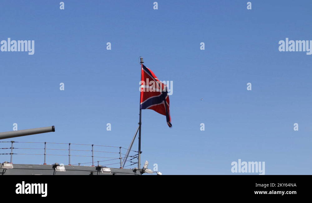Russian navy flag on cruiser Aurora - historic revolution ship, waving ...
