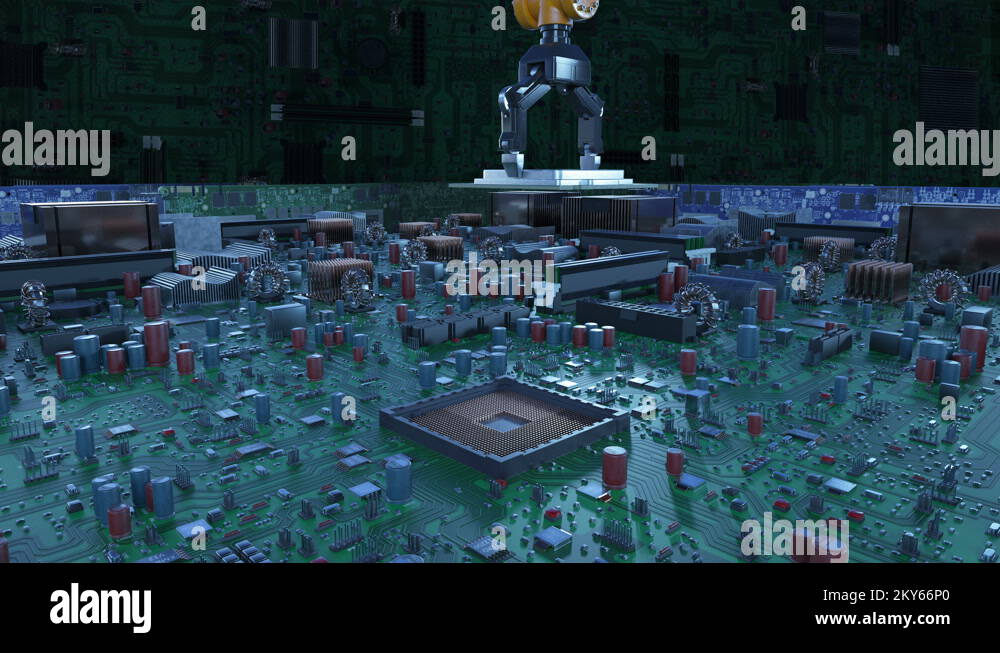 Robot Arm Installing Processor Into The Circuit Board With Blue Signals