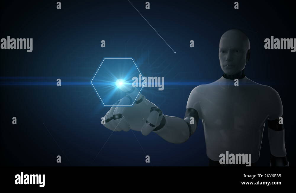Robot touching Fin-tech icon and various graph. financial technology ...