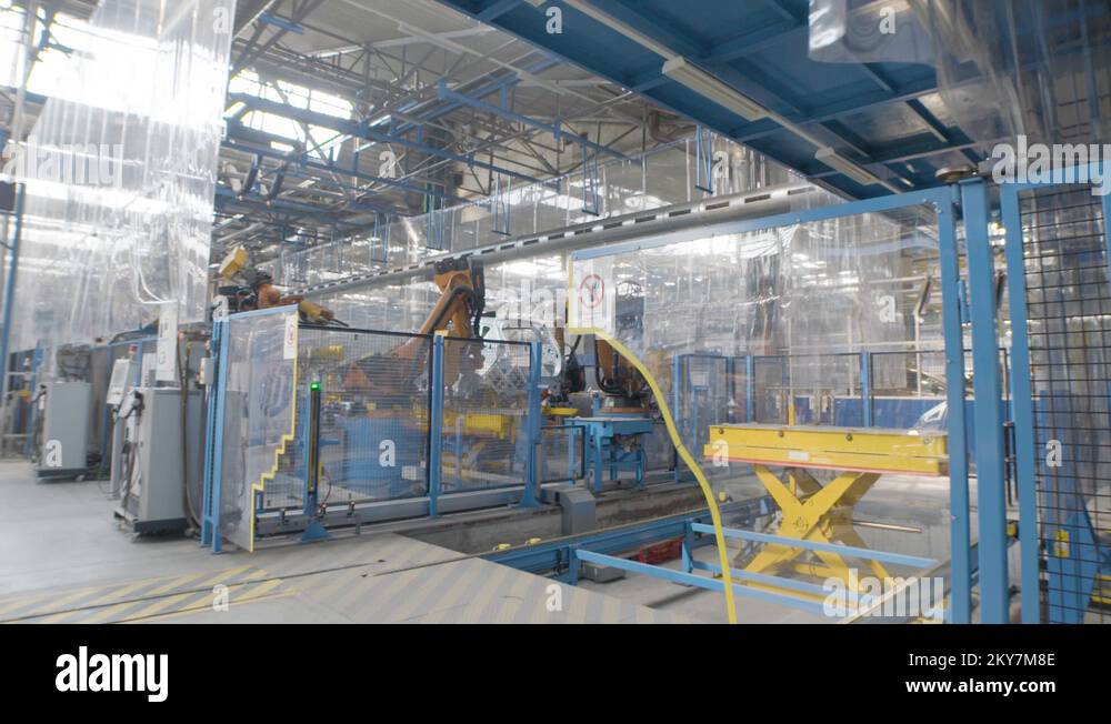 Overview inside a car factory production line. Industrial setup Stock ...