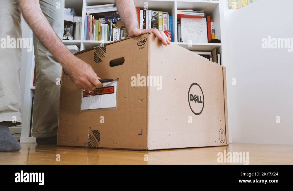 Reading packaging list of new dell computer Stock Video Footage - Alamy