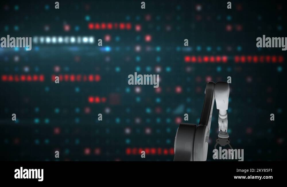 Digitally generated video of white robotic arm holding red question ...