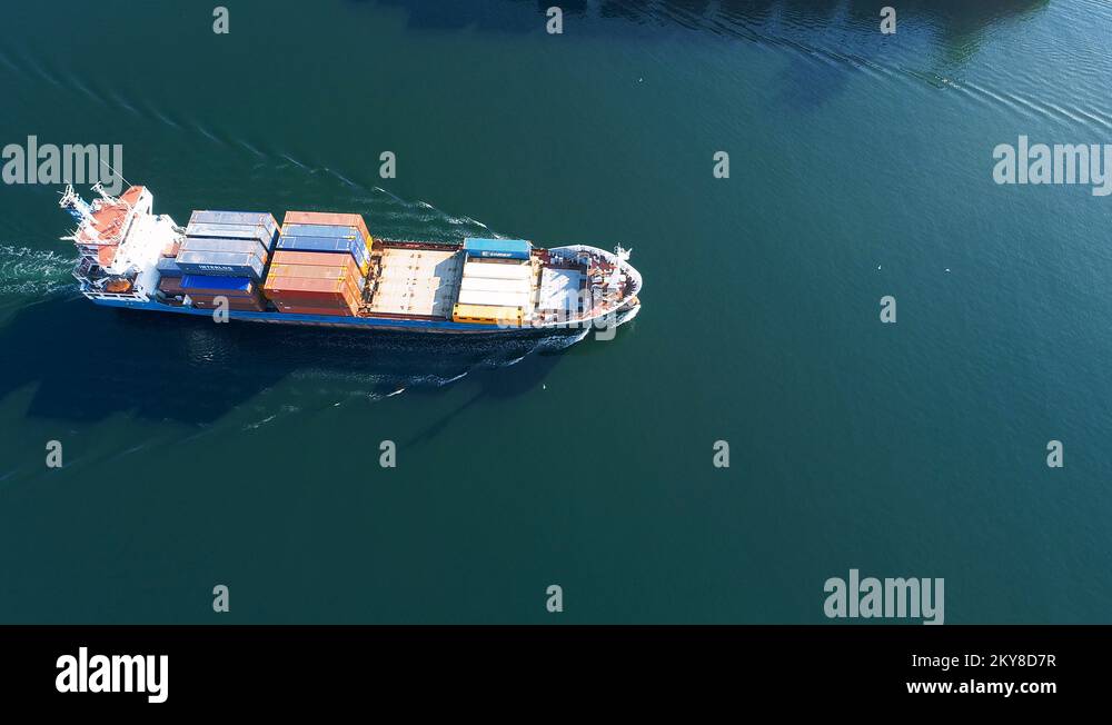 Small Container Cargo Ship. Aerial Top Down View Stock Video Footage ...