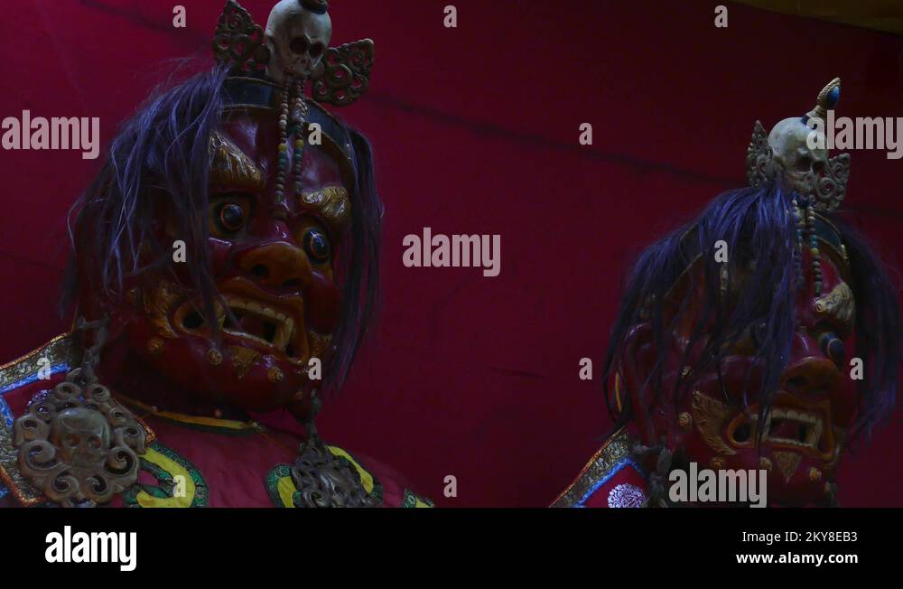 Two Big red masks of angry Buddhist deities. Mongolia Stock Video ...