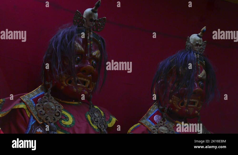 Big red masks of angry Buddhist deities. Mongolia Stock Video Footage ...