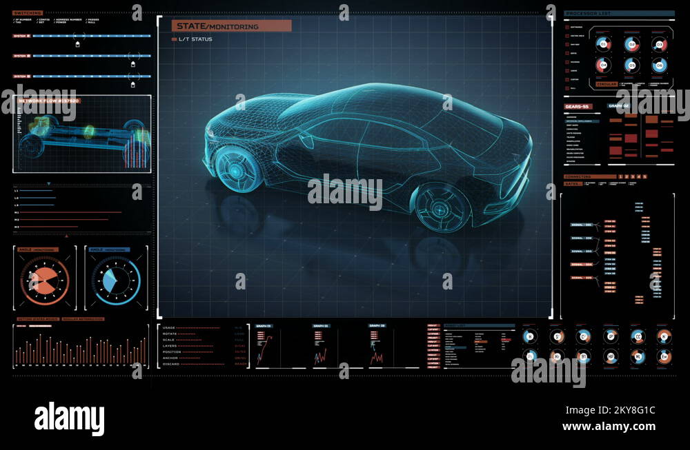 Rotating Electronic, hybrid car. transparency view in display interface ...