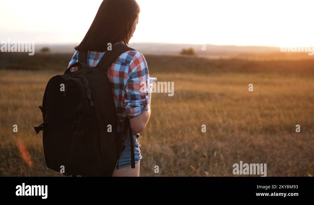 Hipster hiker silhouette girl walking wanderer with backpack search ...