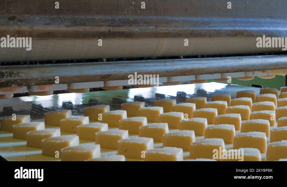 Cakes on automatic conveyor belt or line, process of baking in ...