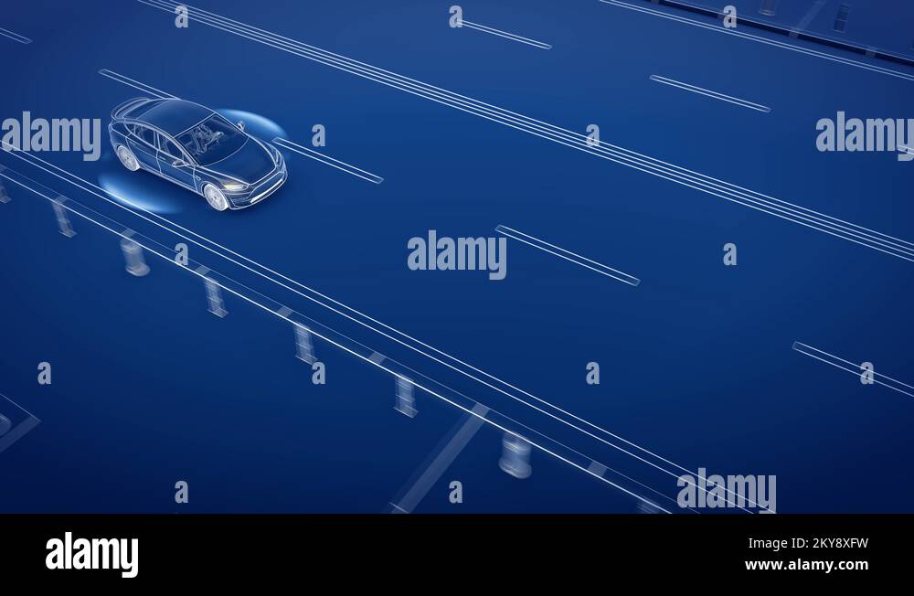 Autonomous self driving electric car change the lane and overtakes city ...