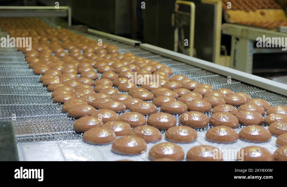 Cakes on automatic conveyor belt or line, process of baking in ...