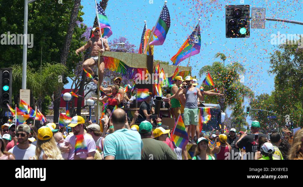 Crowd of people participate in LGBT gay Pride Parade in Los Angeles, 4K ...