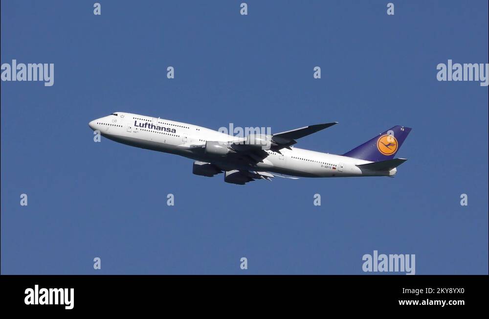 4K Lufthansa Airlines Boeing 747 jumbo jet taking off, engine sound, blue sky Stock Video ...
