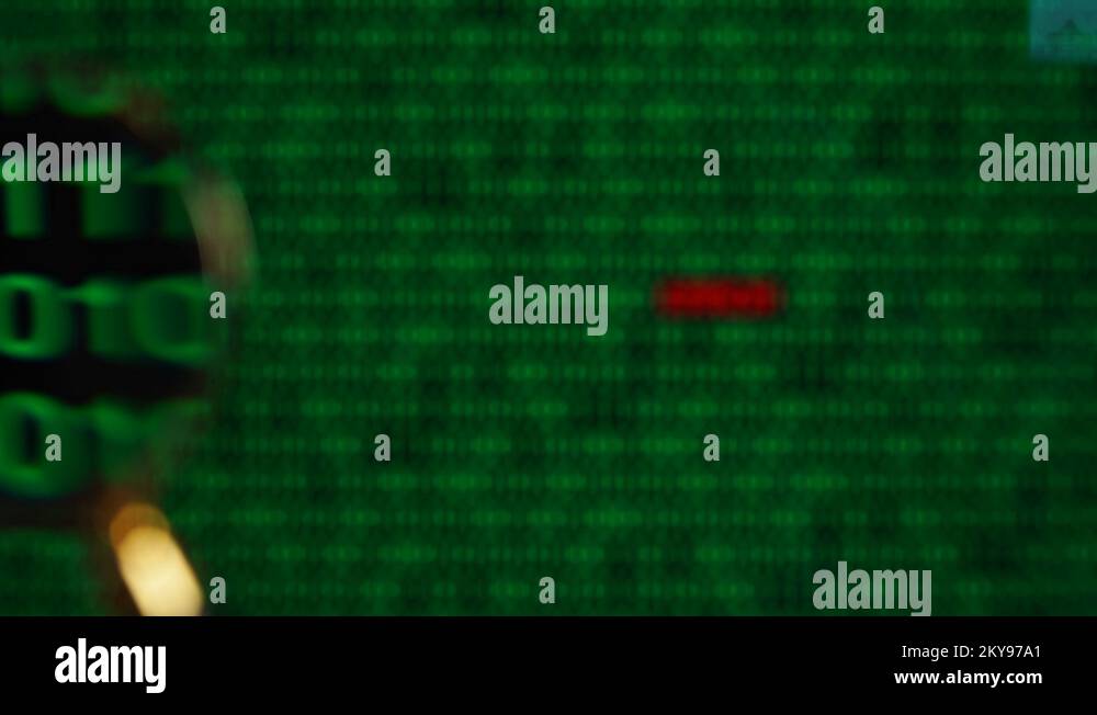 Magnifying glass moving left to right, zeros and ones, green, red error ...
