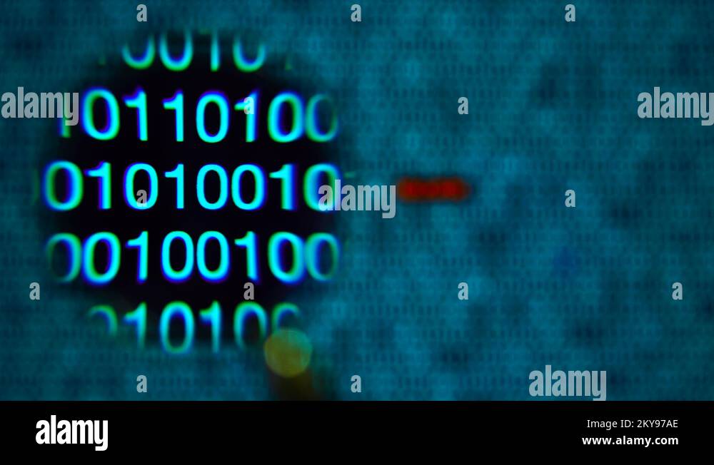 Magnifying glass moving left to right, zeros and ones, light blue ...