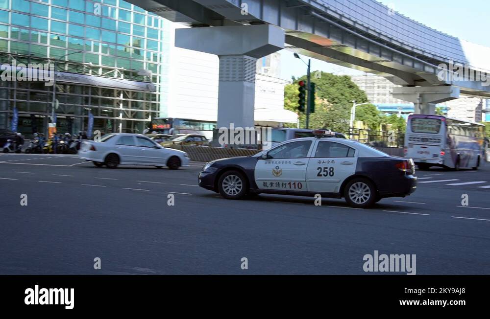 Slow Motion police car patrolling in city. Patrol officers driving the ...