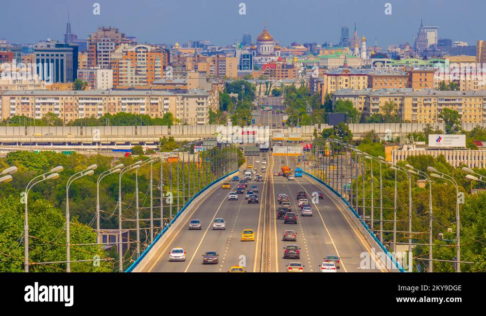 Moscow downtown panorama with road traffic. City skyline with main ...