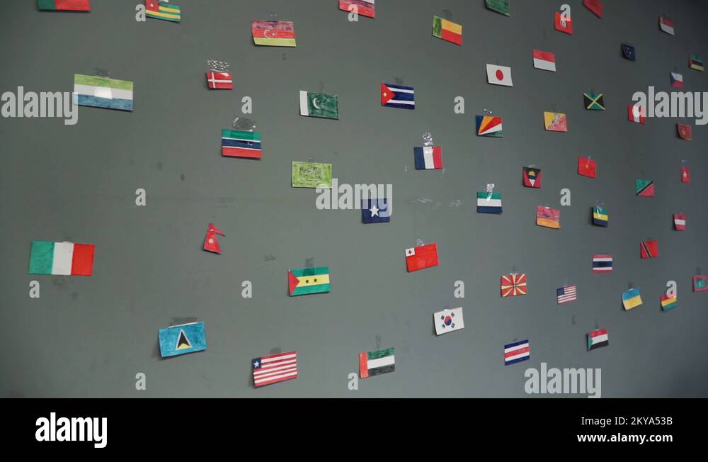 The flags of different countries drawn on a wall. Different flag icons ...