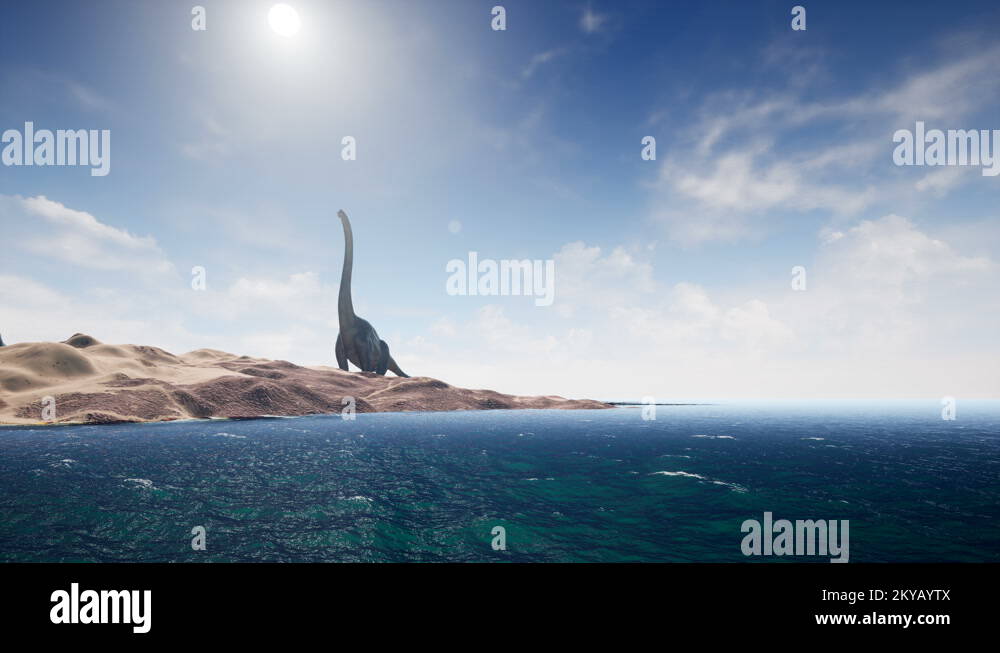 Dinosaurs in prehistoric period on sand landscape. Realistic render. 4K ...