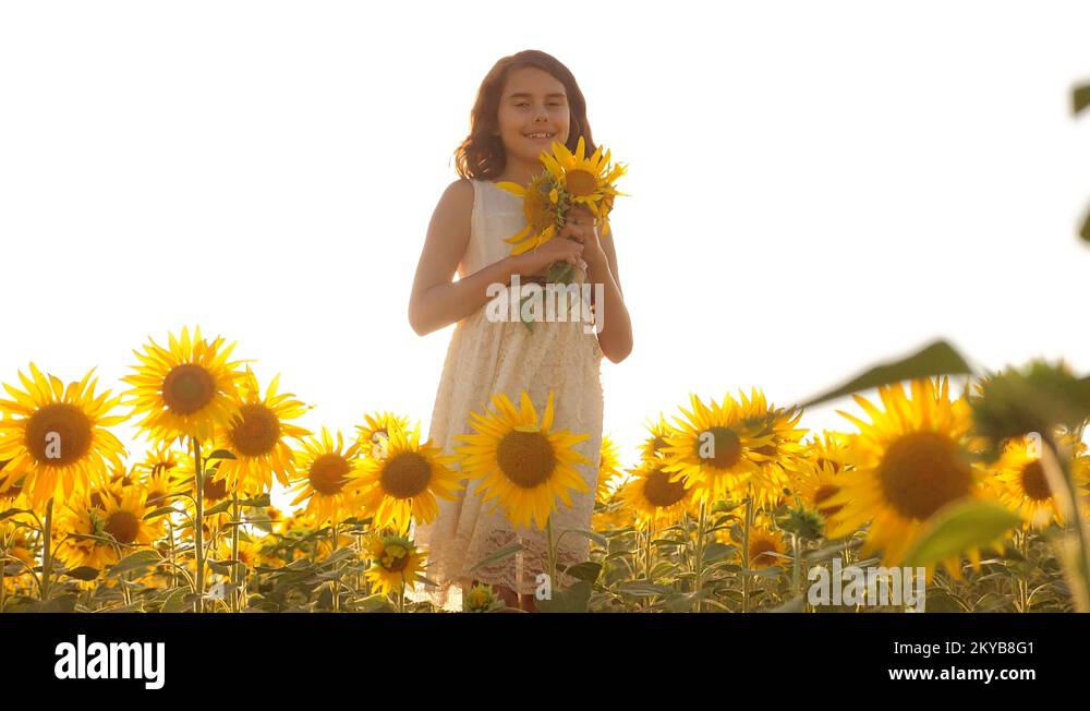 Happy little girl teen smelling a sunflower on the field in summer. slow motion Stock Video ...